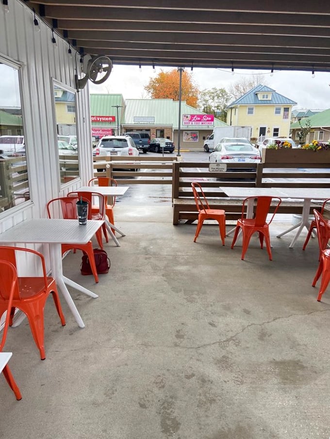 Those bright orange chairs aren't just stylish &ndash; they're inviting you to enjoy your seafood feast with a side of fresh air.