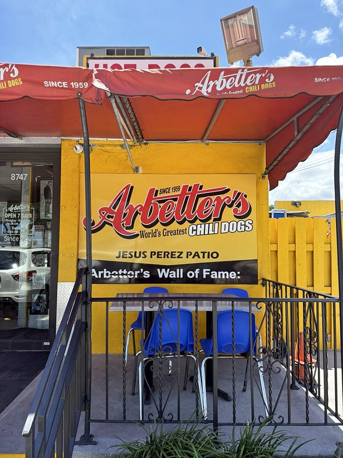 The Jesus Perez Patio offers al fresco dining where the only thing more colorful than the yellow walls is the conversation.