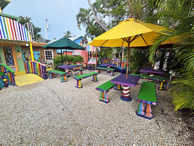 The outdoor patio offers a moment of relative calm before diving back into the cheerful chaos inside &ndash; though "subdued" at The Bubble Room is still technicolor.