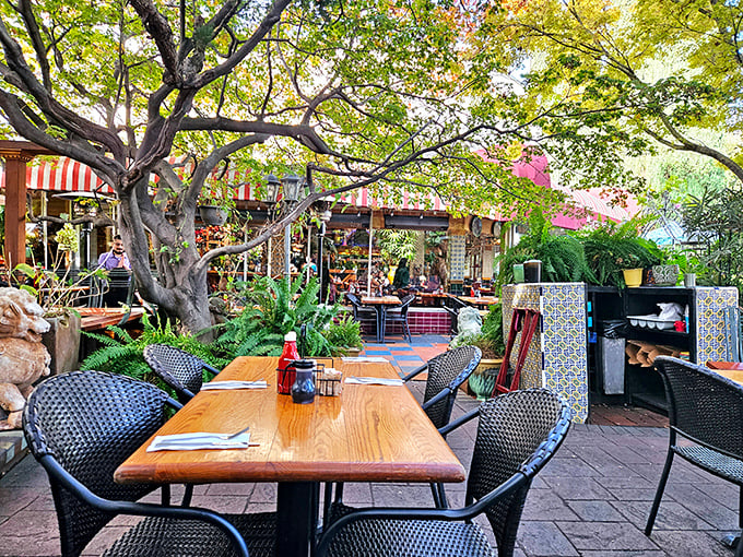 Dappled sunlight through the trees transforms this patio into nature's dining room, where breakfast tastes even better al fresco.