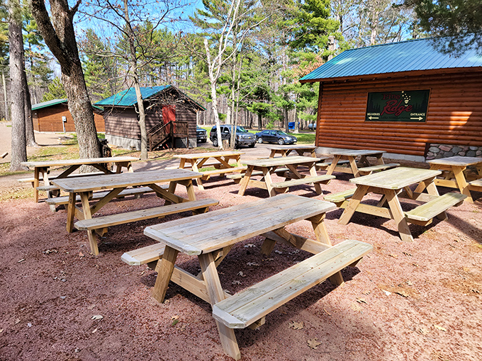 Picnic tables scattered beneath towering pines create an outdoor dining room where summer memories are made between bites of legendary prime rib.