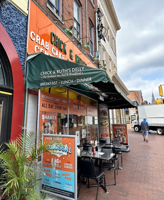 The sidewalk seating offers a chance to people-watch on Main Street while the "Colossal Challenge" sign dares passersby to test their appetites against legend.