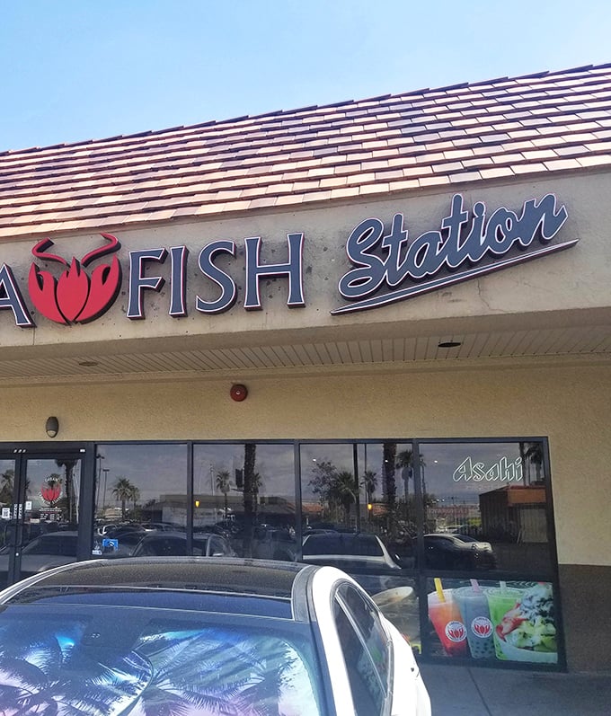 The iconic red crawfish logo stands out against the desert sky &ndash; a beacon of hope for seafood lovers far from the coast.