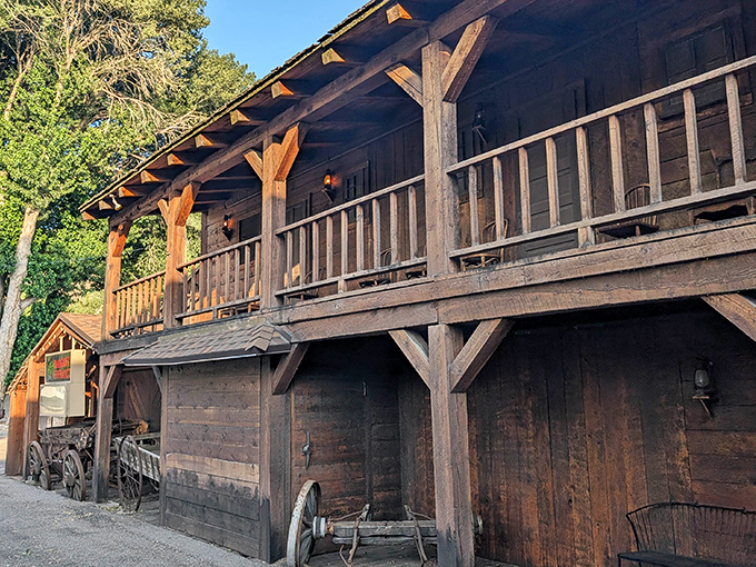 Rustic balconies and weathered wood create the perfect frontier facade&mdash;half Ponderosa Ranch, half steakhouse, and entirely committed to the mining theme.