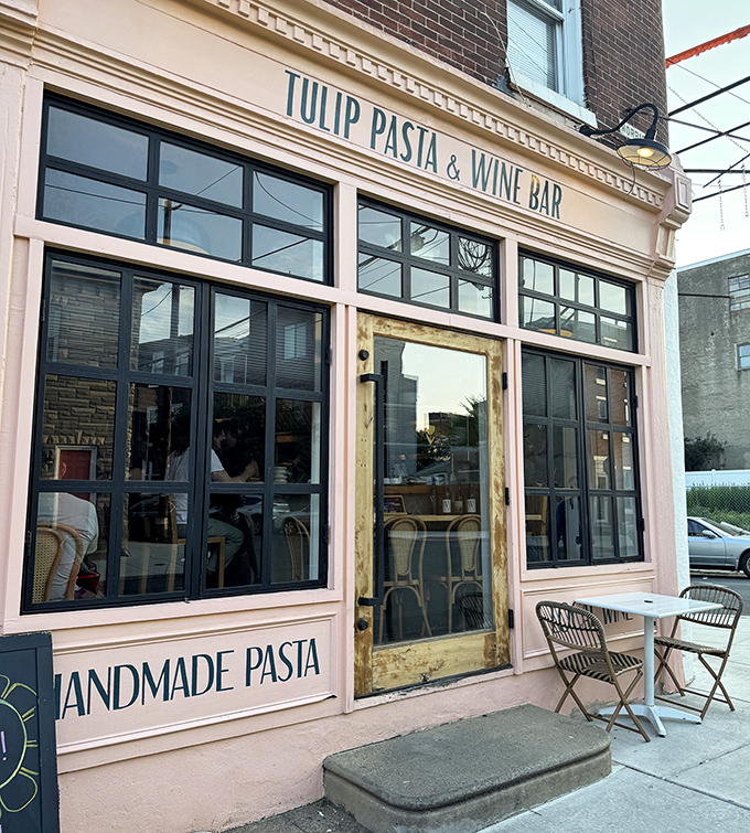 The blush-pink exterior says "yes, we're adorable" while the "HANDMADE PASTA" sign tells you exactly why you should step inside.