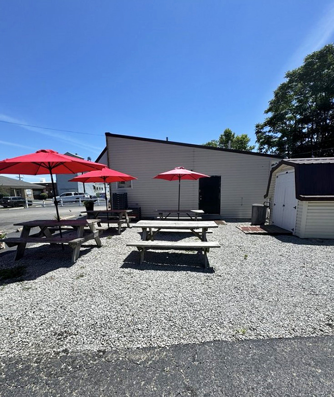 Red umbrellas and picnic tables create the perfect summer setting for enjoying those famous sliders in the Ohio sunshine.