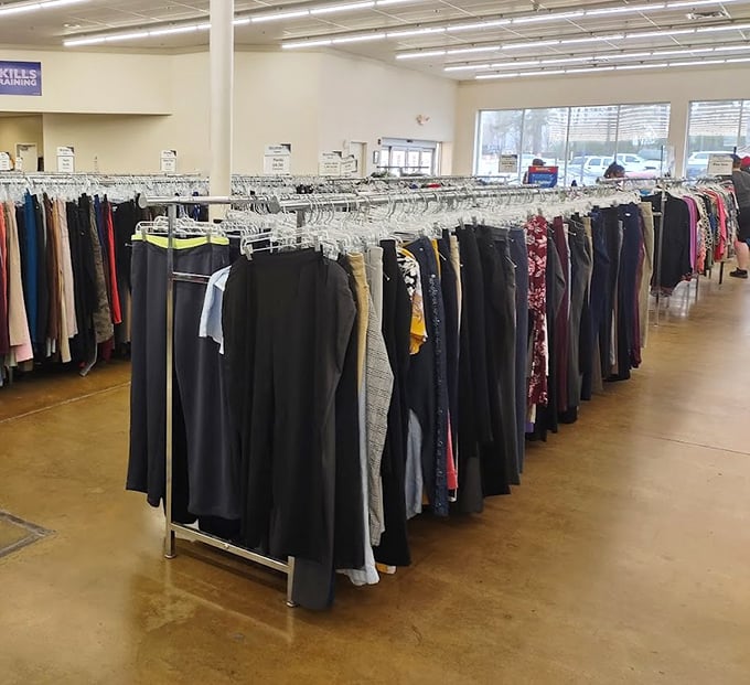 The pants section: organized chaos where designer labels hide among everyday brands. The thrill of the hunt in fabric form.