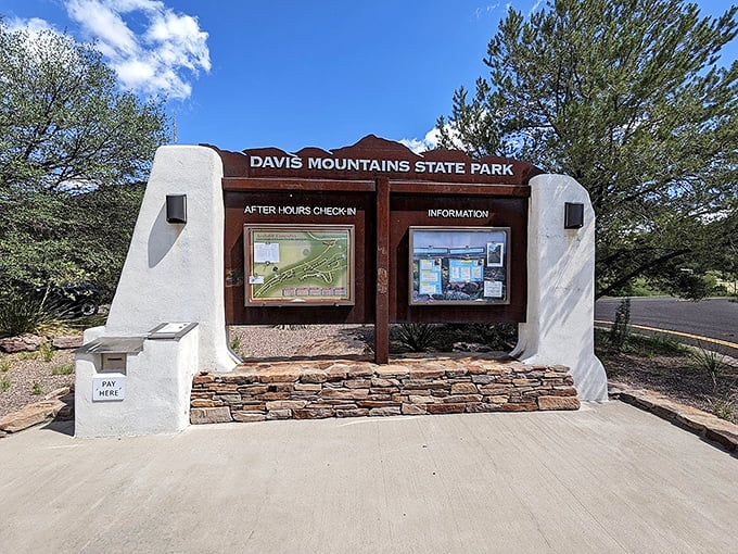 The entrance sign&mdash;where your adventure begins and your cell service likely ends. Consider it a digital detox with spectacular views.
