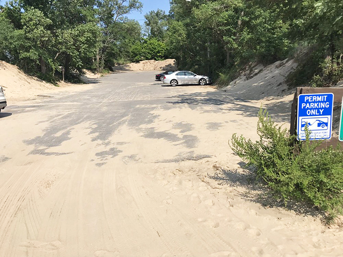 Sandy parking spots where city meets shore&mdash;the last mundane moment before stepping into Porter Beach's natural splendor.