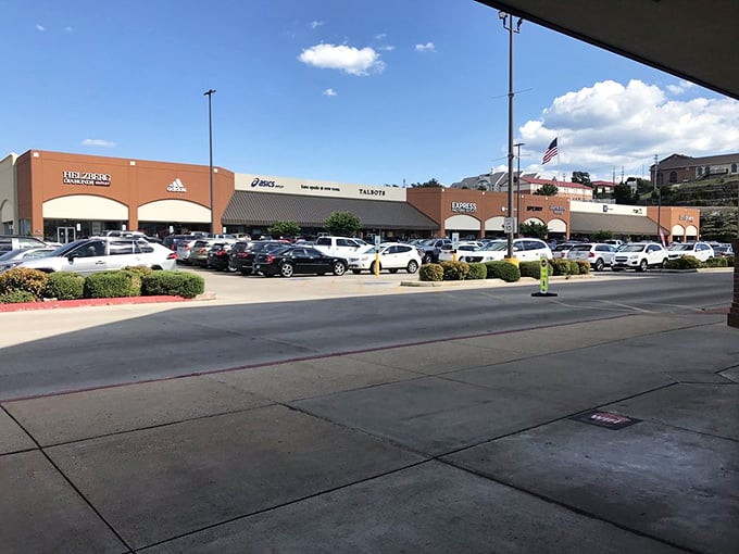The parking lot stretches wide under blue skies, holding vehicles from shoppers who've wisely cleared their entire afternoon schedule.