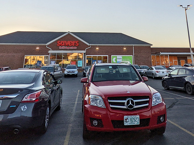 Even the parking lot tells a story&mdash;Mercedes next to modest sedans. Thrift shopping: the great equalizer of retail therapy. 