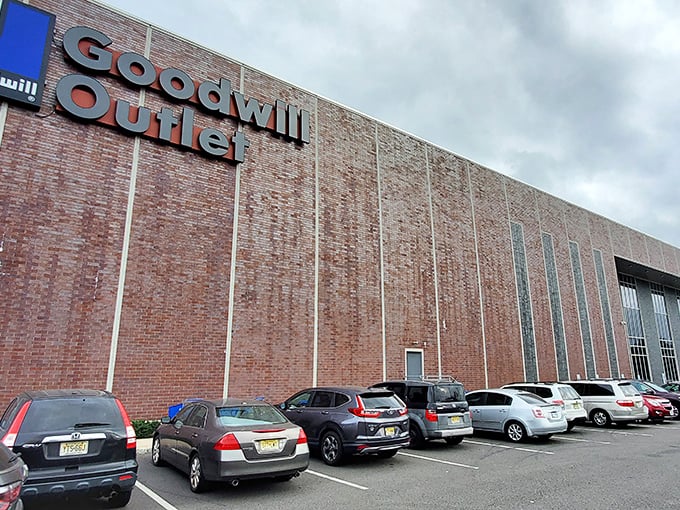 The exterior view on a cloudy day&mdash;this unassuming building houses what might be New Jersey's most democratic shopping experience.