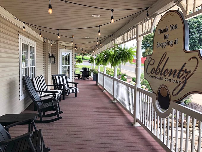 The inviting porch with its rocking chairs practically begs you to sit a spell. The perfect spot to savor your chocolate treasures while watching the world go by.