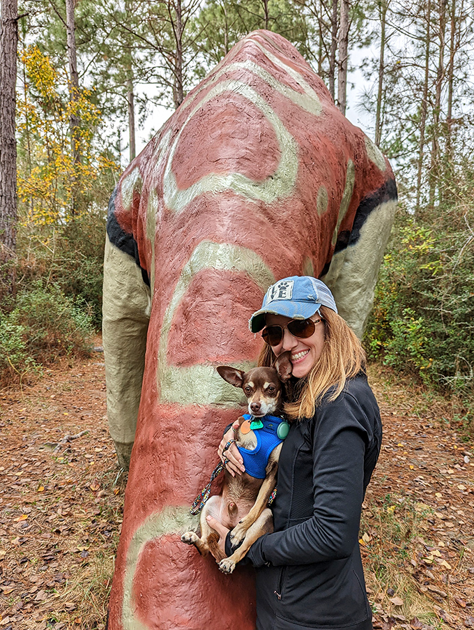Even four-legged friends enjoy a prehistoric adventure. This pup seems skeptical about whether dinosaurs make good walking companions.