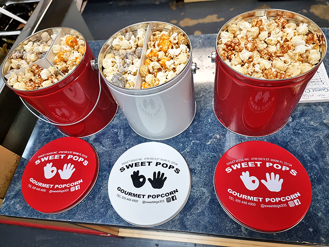 These colorful buckets of Sweet Pops gourmet popcorn prove that Sweet Dogs' talent for flavor combinations extends beyond the bun.