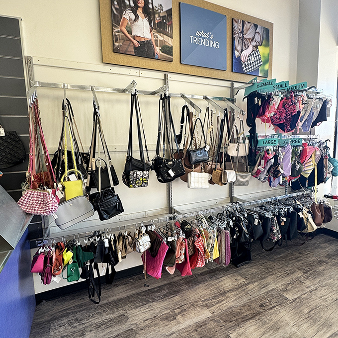 Handbags hang like ornaments on a very fashionable tree, each one waiting for its perfect match.