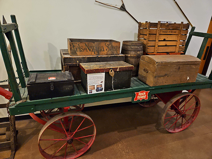 These vintage cargo wagons and shipping containers tell the story of how America's goods moved across the continent before eighteen-wheelers ruled the highways.
