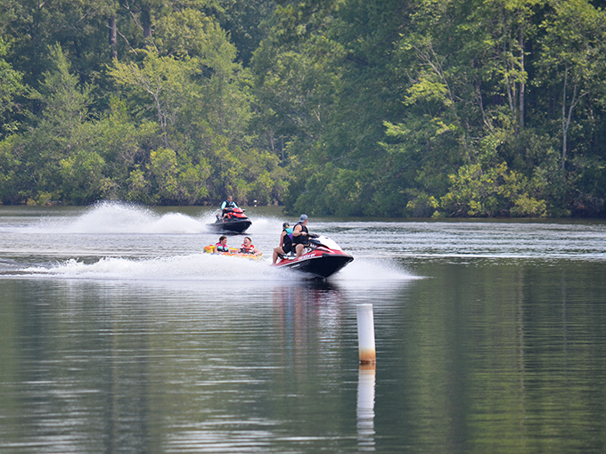 Jet skis carving liquid pathways prove that Geiger Lake isn't just for quiet contemplation&mdash;it's also for those moments when you need to make some waves.