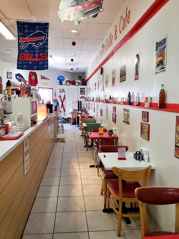Plot twist! The mall apparently includes a retro diner space&mdash;complete with Buffalo Bills memorabilia and the promise of comfort food between treasure hunts.