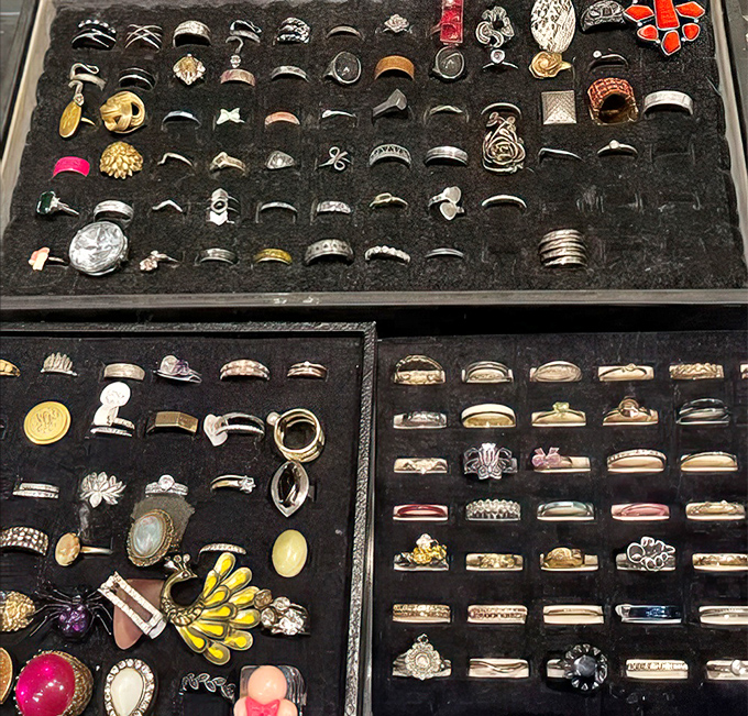 Jewelry display that puts Tiffany's to shame. Each ring once adorned someone's finger during moments both mundane and magnificent.