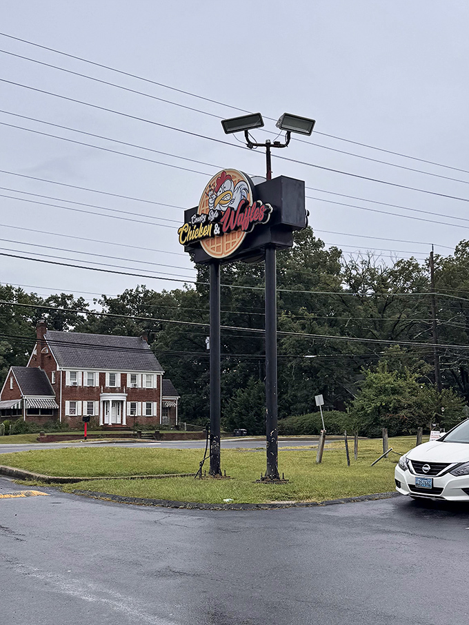This roadside beacon calls to hungry travelers like a lighthouse guiding ships to shore, except the shore has fried chicken.