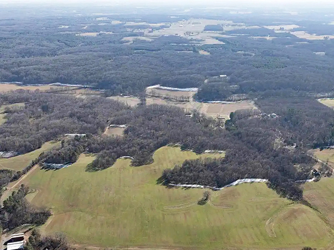 From above, the patchwork of fields and forests reveals the agricultural heritage that still shapes life around Hazel today.