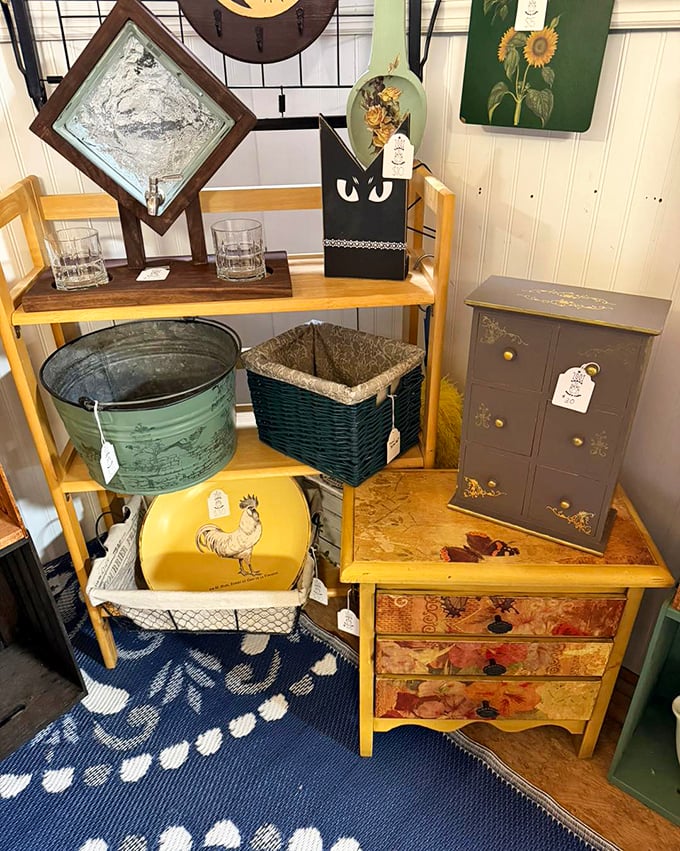 Country charm meets practical storage in this vignette where even the rooster plate seems to crow, "Take me home!"