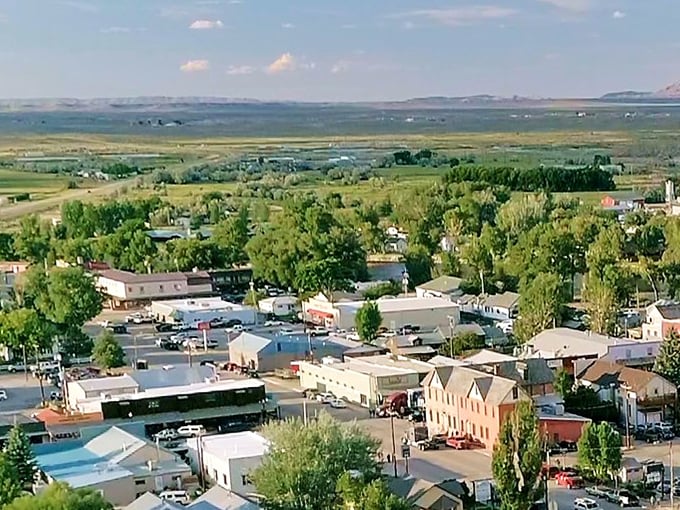 From above, Saratoga reveals itself as an oasis of trees and community, a verdant island in Wyoming's magnificent vastness.