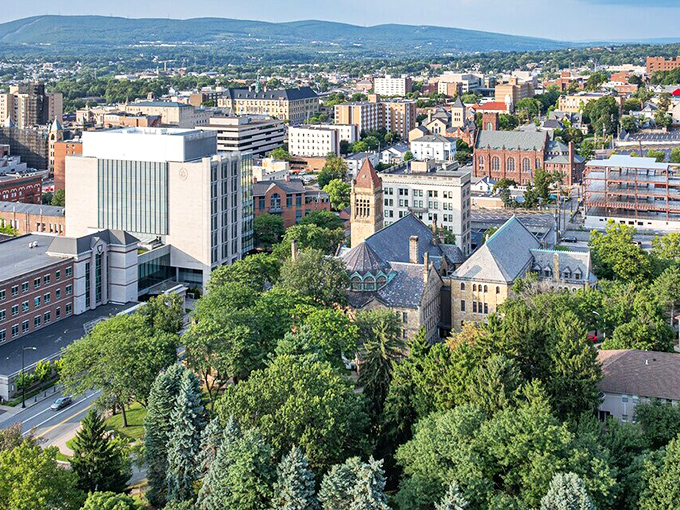 From above, Scranton reveals itself as a verdant city nestled among rolling hills&mdash;where affordable living doesn't mean sacrificing beautiful surroundings.