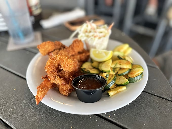 Coconut shrimp with zucchini that looks like summer vacation decided to become a meal.