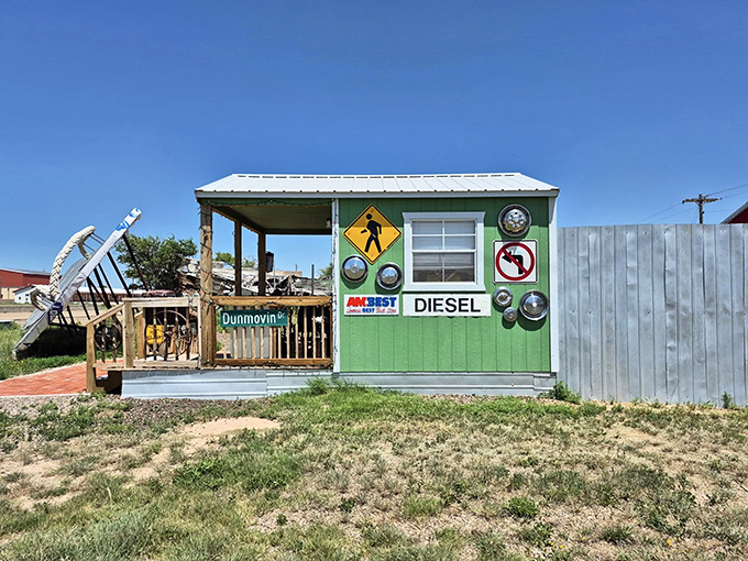 Road signs and memorabilia decorate the exterior, creating a roadside attraction that's equal parts nostalgia, whimsy, and pure American ingenuity.