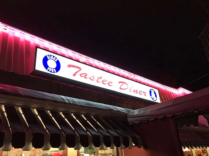 The neon sign glows like a lighthouse for hungry souls. Even at night, Tastee Diner promises morning comfort.
