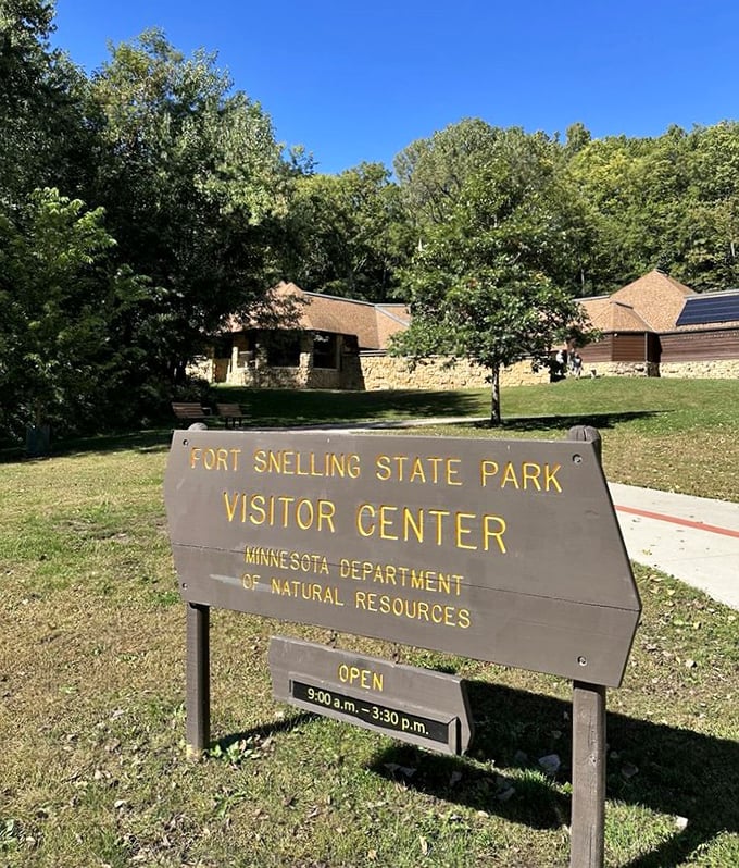 The visitor center sign promises information and air conditioning&mdash;twin treasures for the summer hiker who's remembered the trail map but forgotten the sunscreen. 