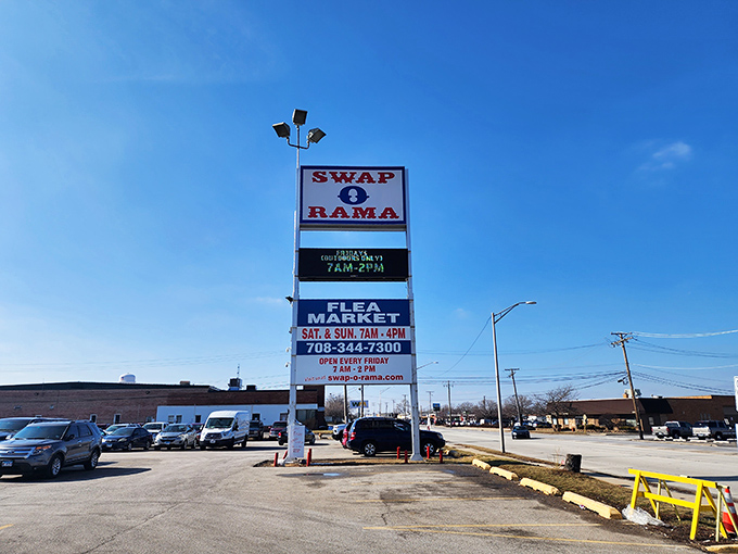 The roadside beacon that's guided generations of bargain hunters. This sign has witnessed more deals than a Vegas poker table. 