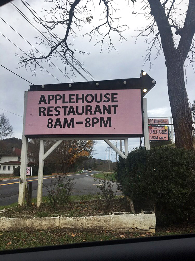 The no-nonsense pink sign promises exactly what you'll find inside&mdash;straightforward hours and straightforward delicious food in the heart of apple country.