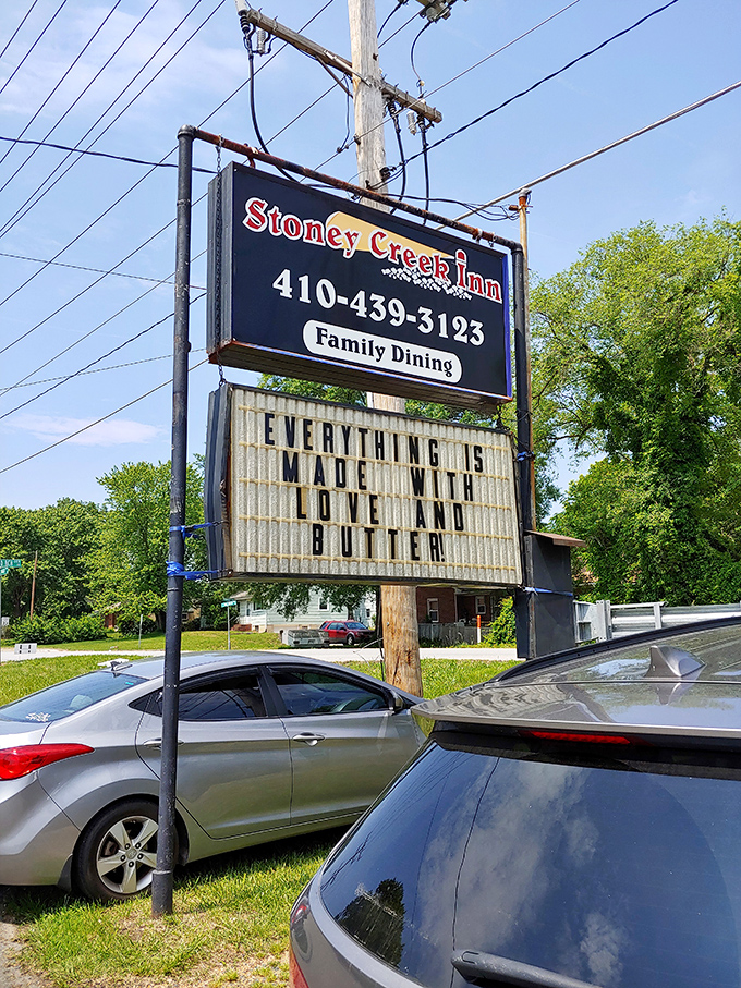 The roadside sign promises everything's "made with love and butter" – the two most important ingredients in Maryland cooking.