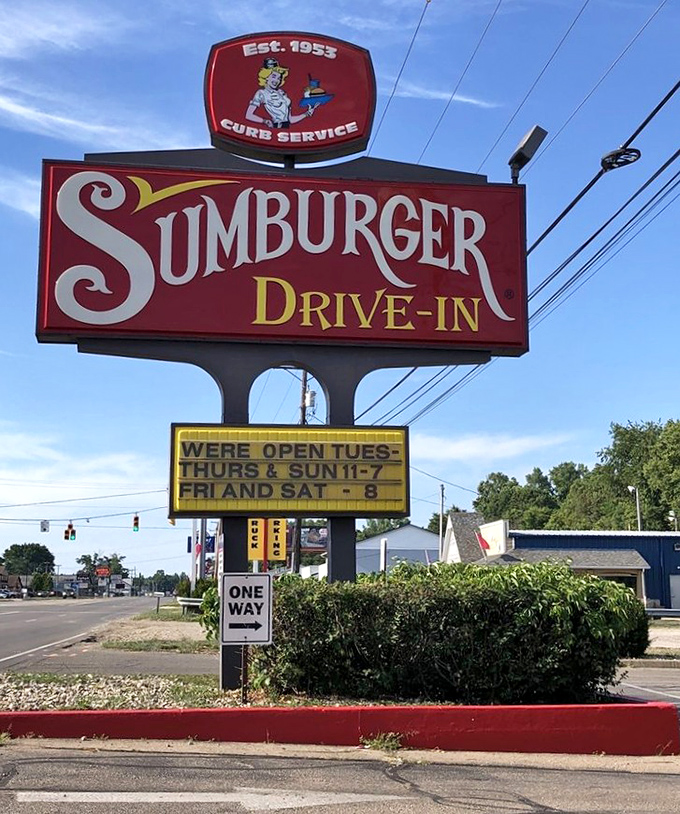 
The classic roadside sign announces Sumburger's presence like a beacon to hungry travelers. Some landmarks don't need to be in history books to matter. 