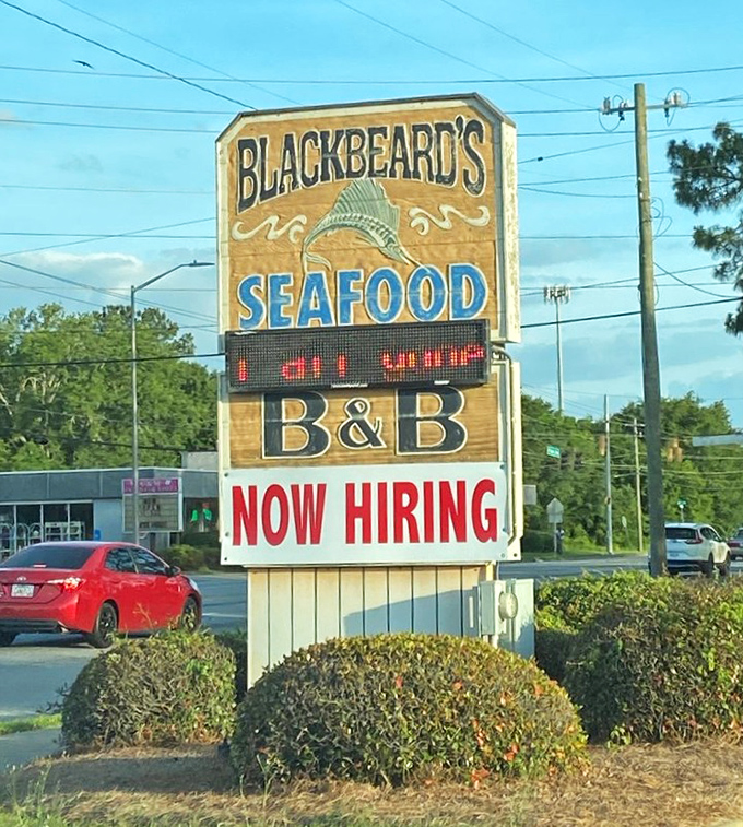 A roadside beacon for hungry travelers – Blackbeard's sign has guided countless barbecue pilgrims to this Albany institution for good reason.