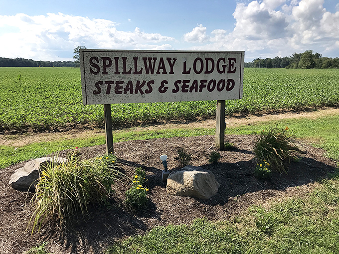 Standing proudly amid Ohio farmland, this sign doesn't just mark a location &ndash; it's a beacon of hope for hungry travelers seeking steak salvation.