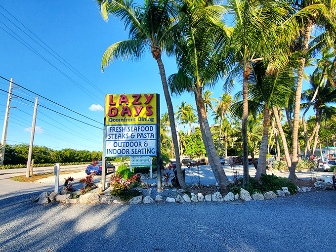The roadside sign that signals to weary travelers: "Your search for authentic Keys dining ends here." Follow it to bliss.