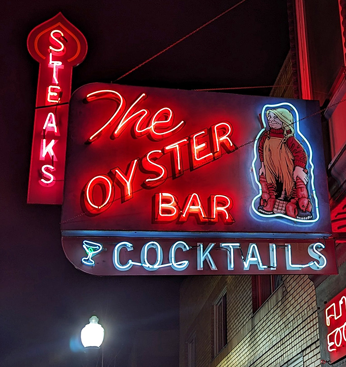 At night, the neon glow transforms from simple signage to a siren song for seafood lovers. Like a lighthouse for your appetite in downtown Fort Wayne.