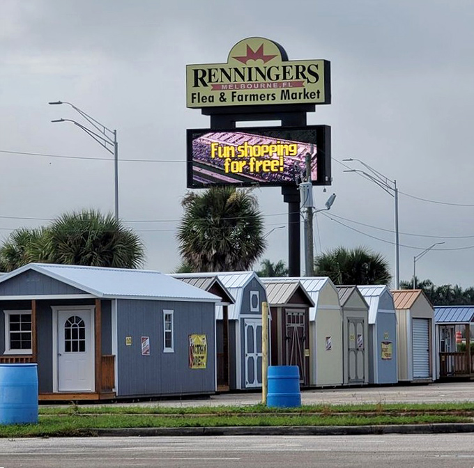 Renninger's roadside welcome and tiny house village&mdash;proof that shopping adventures sometimes begin before you've even parked the car.
