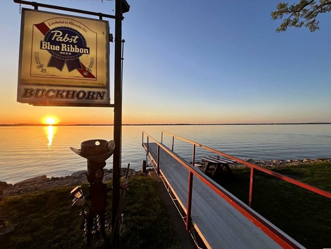 The Buckhorn's dock at sunset&mdash;where Lake Koshkonong puts on a golden light show that rivals anything you'll see in more expensive zip codes.
