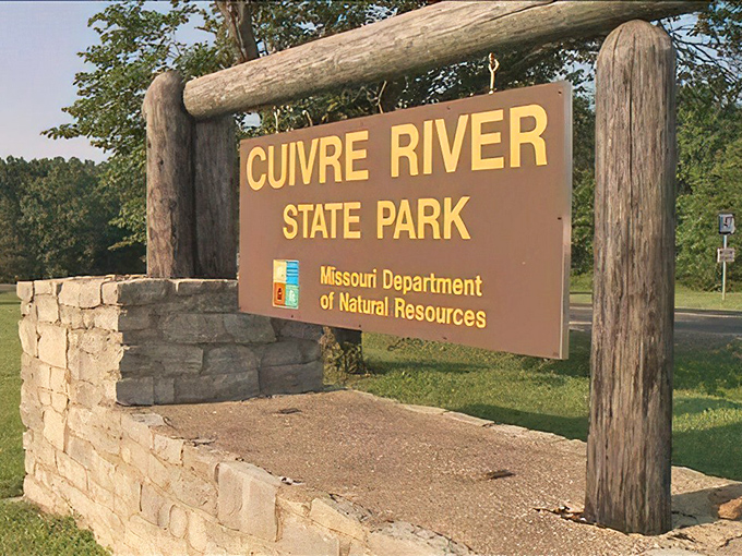 The entrance sign that welcomes thousands yet somehow remains Missouri's best-kept secret. First-timers become lifelong fans right here.