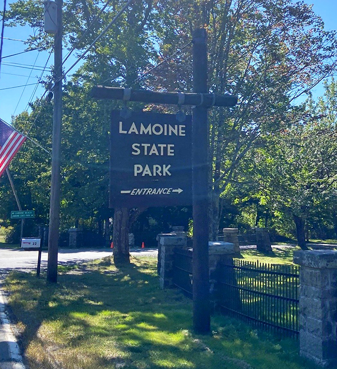 The unassuming entrance sign that marks the boundary between ordinary life and coastal Maine magic. Adventure begins here.