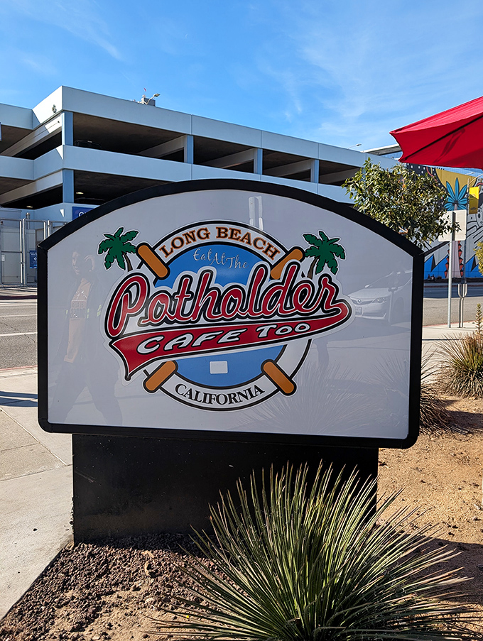 The Potholder Cafe Too sign stands as a beacon for the breakfast-obsessed in downtown Long Beach.