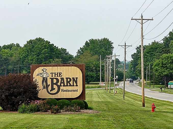 The roadside sign stands as a beacon of hope for hungry travelers. That farmer silhouette has guided more empty stomachs to fulfillment than GPS ever could.