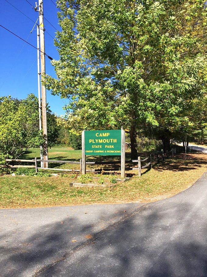 The unassuming entrance sign to Camp Plymouth State Park stands like a humble invitation. Vermont doesn't need to shout about its natural treasures.