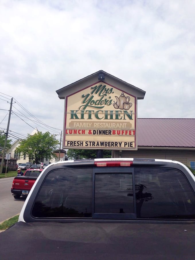 Fresh strawberry pie gets top billing on the sign &ndash; and rightfully earns every exclamation point it deserves.