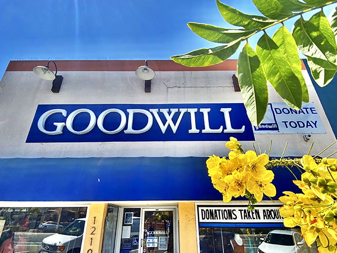 Framed by cheerful yellow flowers, the Goodwill sign promises not just bargains inside but the satisfaction of knowing your shopping supports job training programs.